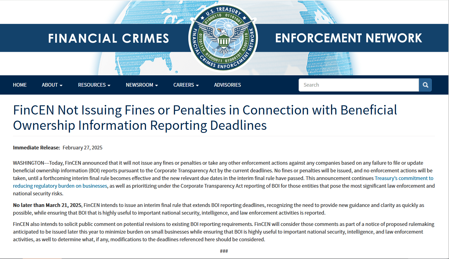 FinCEN Halts Fines, Penalties and Enforcement Pending Final BOI ...